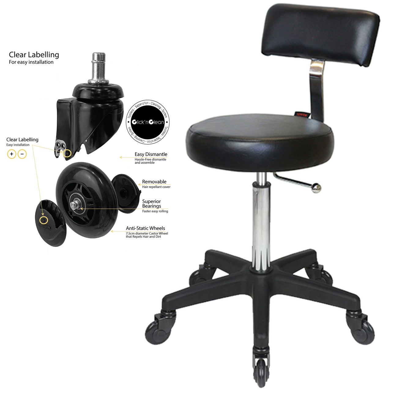 Stool Black by Joiken (Backrest, Black Base, Click 'n Clean Castor ...