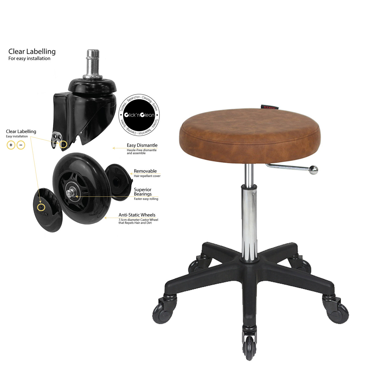 Stool Tan by Joiken (No Back, Black Base, Click 'n Clean Castor ...