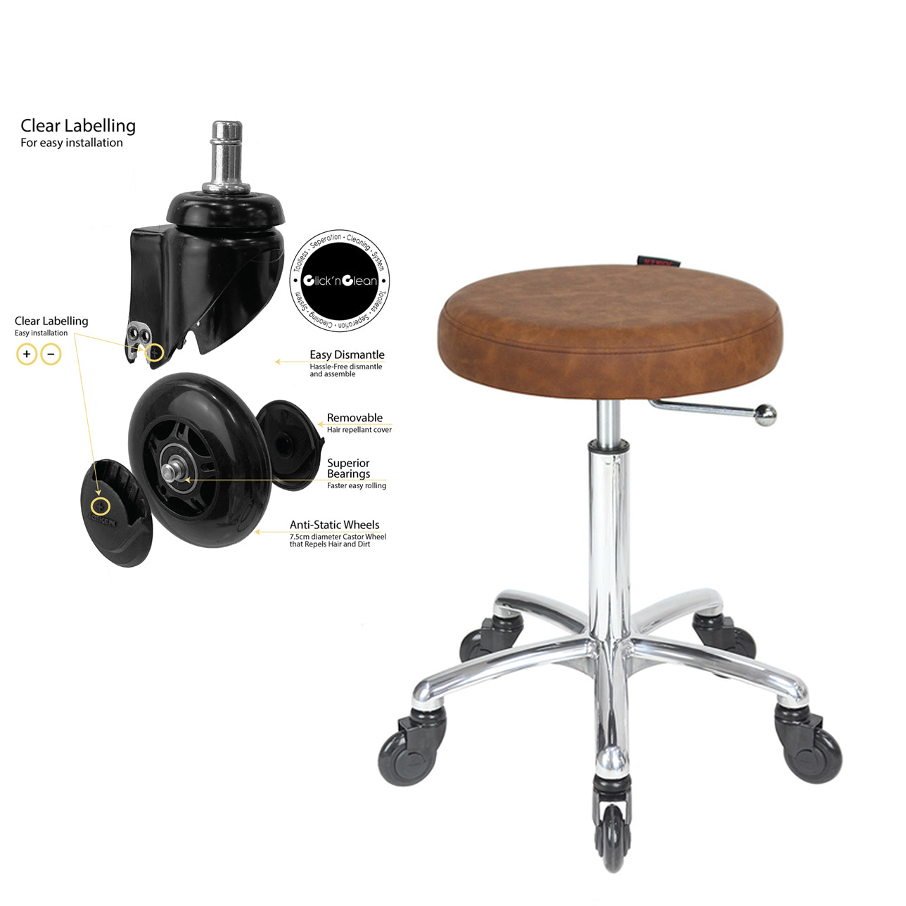 Stool Tan by Joiken (No Back, Chrome Base, Click 'n Clean Castor ...